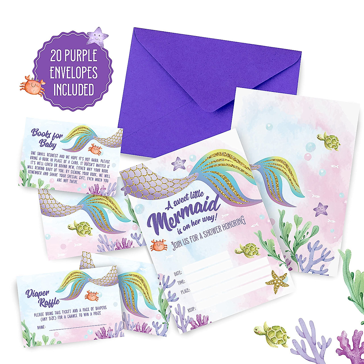 Mermaid Baby Shower Invitations with Envelopes Pack of 20 | Mermaid Birthday Invites 5" x 7" Cards - Ideal for Under-the-Sea Party Decorations & Ocean Party Supplies for Girls