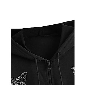 SweatyRocks Women's Butterfly Rhinestone Zip Up Hoodie Black L