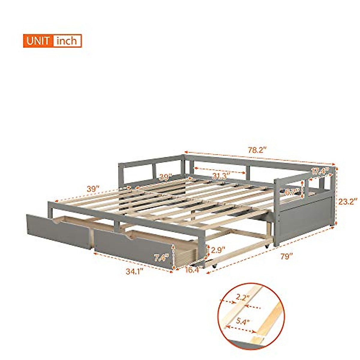 DANGRUUT Upgraded Version Wooden Daybed with Trundle Bed and Two Storage Drawers, Luxurious Bed Daybed Can be Extendable from Twin Size to King Size, Sofa Bed for Bedroom Living Room (Grey)