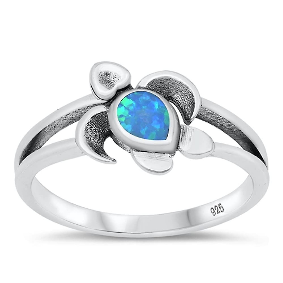 CloseoutWarehouse Teardrop Blue Simulated Opal Sea Turtle Ring Sterling Silver Size 6