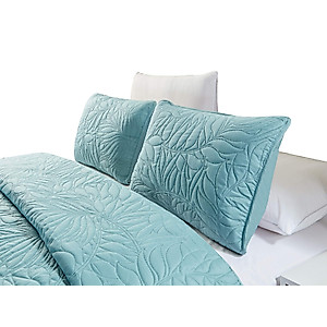 GrandLinen 3-Piece Leaf Pattern Bedspread Sets - Savannah Quilt Set in Solid Spa Blue King size 118"X106" Oversize Lightweight Coverlet with 2 Pillow Shams - Soft Microfiber