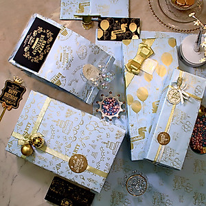 LeZakaa Birthday Wrapping Paper Sheet - Blue Color with Gold Foil - Birthday Party/Cake/Banner/Gift Box for Gift Wrap - 27.5" x 19.6" x 8 Sheets