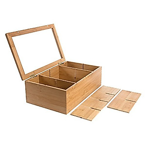 randomgrounds 100% Bamboo Tea Box Storage Organizer, Taller Size Holds 120+ Standing or Flat Tea Bags, 8 Adjustable Chest Compartments, Natural Wooden Finish