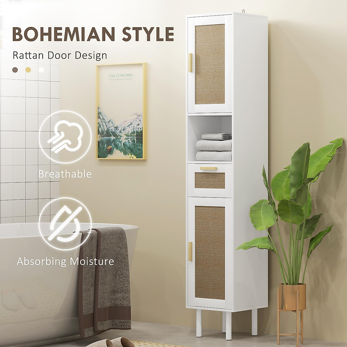 HOMCOM Tall Bathroom Storage Cabinet with Rattan Doors, Freestanding Bathroom Cabinet with Open Shelf, Drawer, Cabinets and Adjustable Shelves for Small Space, White