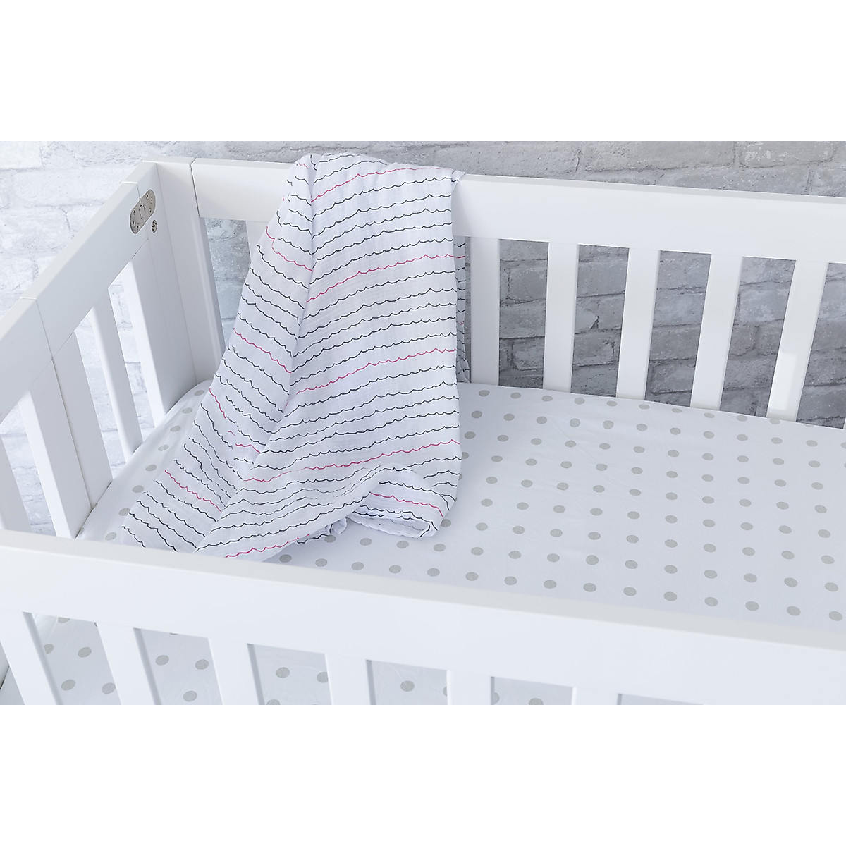 Ely's & Co. Kid's Waterproof Pack n Play Portable Mini Crib Sheet with Mattress Pad Cover Protection, White and Grey Chevron and Polka Dots (2 Pack)