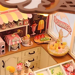 Flever Dollhouse Miniature DIY House Kit Creative Room with Furniture for Romantic Valentine's Gift (Happiness ice Cream Shop)