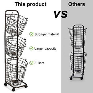 Ganggend 3-Tier Laundry Basket with Lockable Wheels, Wire Laundry Hamper with Rubber Handle Laundry Cart Storage Rolling Hamper for Organizing Clothes
