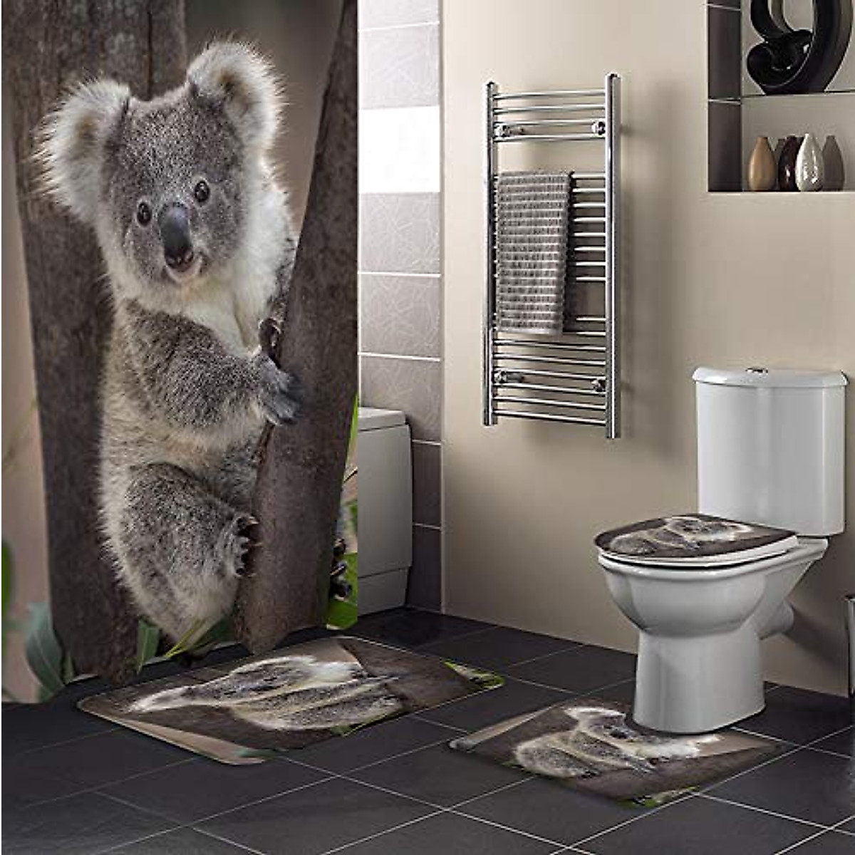Big buy store 4 Pcs Shower Curtain Sets Cute Koala Bear Waterproof Fabic Bathroom Set with Non-Slip Rugs Toilet Lid Cover Bath Mat, Wild Animals Shower Curtain with Hooks -72x72 inch, Large