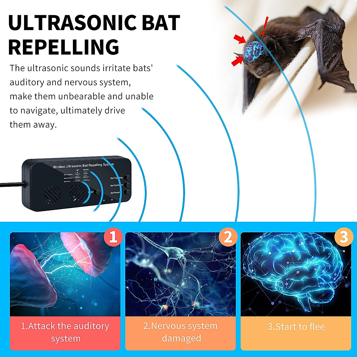 briidea Ultrasonic Bat Removal, Bat Away System, Demands Bats to Flee, Human and Pet Safe