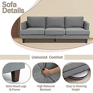 CATMIX 3 Seater Sofa Couch, Mid Century Modern Upholstered Sofa, Comfy Couches with Deep Seats Fabric Surface Square Armrest and Wood Legs for Living Room and Apartment (Grey, 89inch-3 Seats)