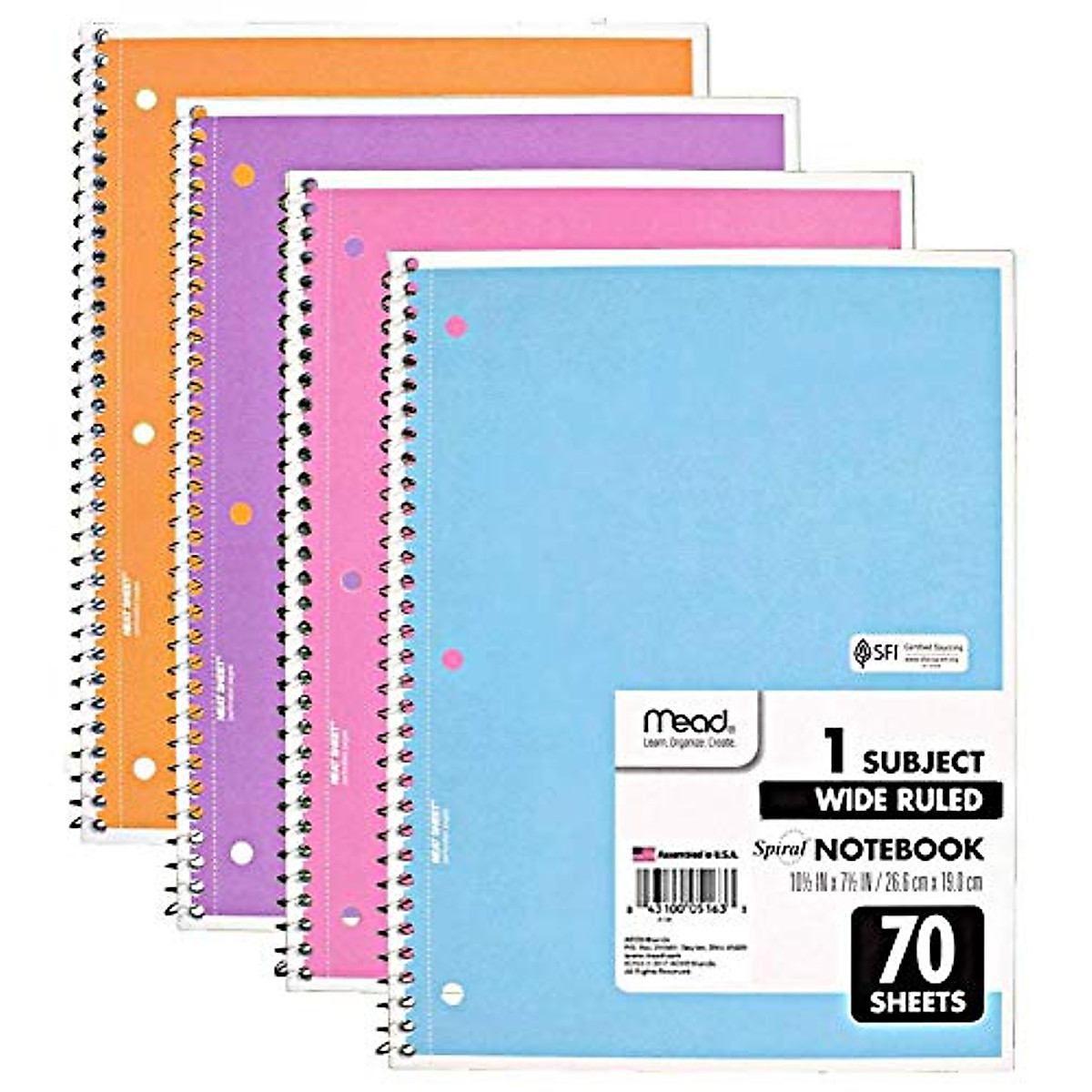 Mead Spiral Notebook, 4 Pack of 1-Subject Wide Ruled 70 Sheet Spiral Bound Notebooks, Pastel Colors, COLOR WILL VARY