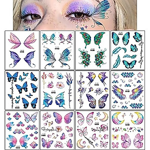 Konsait 12 Sheets Glitter Butterfly Temporary Tattoos for Women Girls Butterfly Face Tattoos for Women Eye Sticker Fairy Makeup Kids Tattoos Temporary For Girls Fairy Princess Party Favors