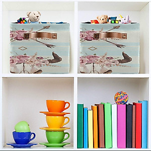 Collapsible Storage Bin Cube Floral Flower Animal Cow Skull Laundry Basket Hamper Toy Cloth Organization Bag with Handle for Pantry Nursery Home Office Shelve,2 PCS