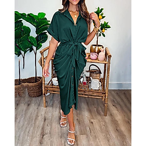 BTFBM Women 2024 Button Down Ruched Shirt Dresses Short Sleeve Lapel V Neck Elegant Party Spring Summer Maxi Satin Dress(Short Sleeve Dark Green, Large)