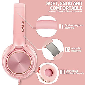 LORELEI S9 Wired Headphones with Microphone for School，On-Ear Kids Headphones for Girls Boys，Folding Lightweight and 3.5mm Audio Jack Headset for Phone, Ipad，Tablet, PC, Chromebook (Pearl Pink)