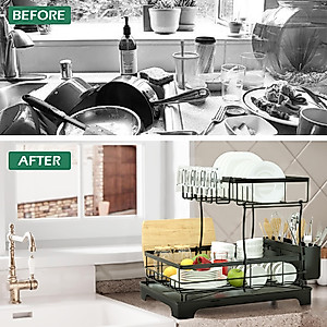 Zhithink Dish Drying Rack for Kitchen Counter, Large Dish Rack, Kitchen Drying Rack, Dishes Drying Rack, Kitchen Dish Drying Rack, Kitchen Drying Rack for Dishes, 2 Tier Dish Drainers Black