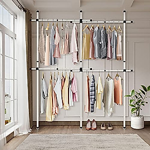 tonchean Floor to Ceiling Clothing Rack Tension Rod Clothes Rack Double 2-Tier Adjustable Clothes Garment Rack Heavy Duty Closet Organizer System