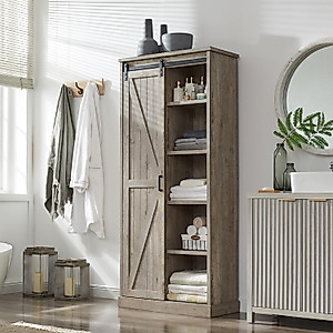 72” Tall Farmhouse Bookshelf, 32” Wide Large Modern Wooden Bookcase with Sliding Barn Door, 5-tier Display Cabinet with Adjustable Shelves, Storage Cabinet for Living Room, Bedroom, Light Grey