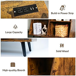 Ethlomoer Storage Organizer BookShelf with Outlets, 3 Tier Mid-Century Modern Bookcase with Legs, Freestanding Wood Open Bookcase, Retro Industrial Horizontal Bookcase for Bedroom, Living Room, Office