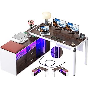 Cyclysio L Shaped Desk with File Cabinet and Power Strip, Reversible Corner Office Desk with LED Lights, Large L-Shaped Computer Desk with Drawer and Storage for Home Office, Soft Cushions, Espresso