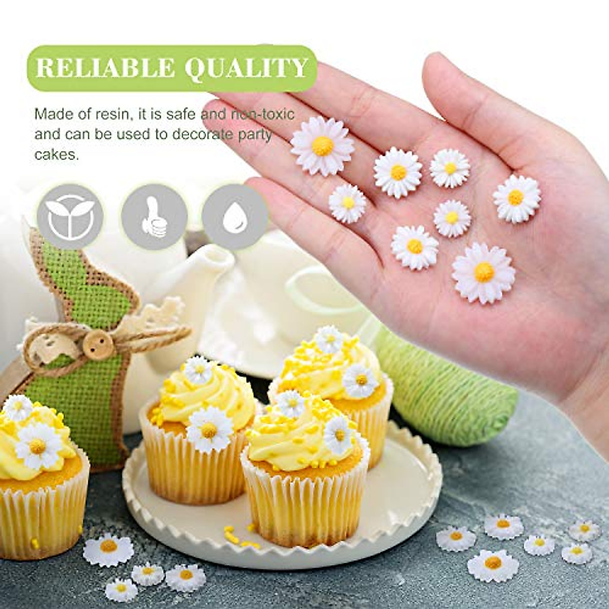 Hicarer 50 Pieces Flatback Resin Daisy Flowers Daisy Flower Epoxy Charms Mini Decorated Daisies Artificial with Storage Box for DIY Craft Cloth Pen Box Home Decoration, 3 Sizes (White and Yellow)