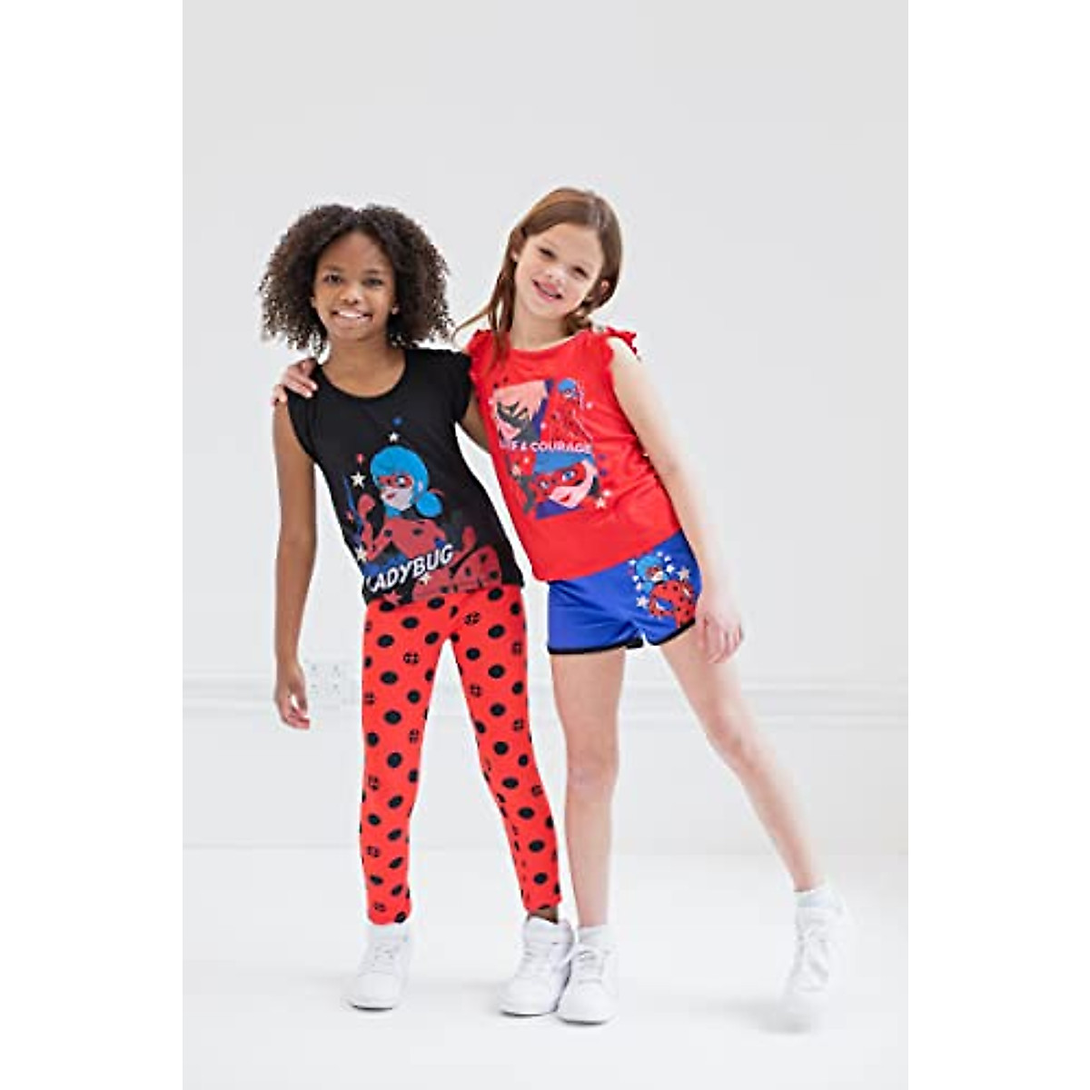 Miraculous Ladybug Cat Noir Big Girls 4 Piece Outfit Set: T-Shirt Tank Top Legging Shorts Black/Red 14-16