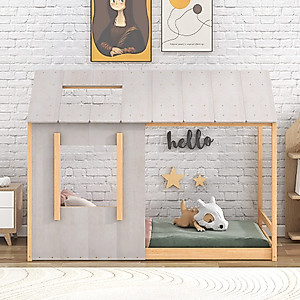 Twin House Bed for Kids, Wooden Twin Floor Bed Frame with Roof and Window, for Girls Boys (Twin Size, Natural+Antique White)