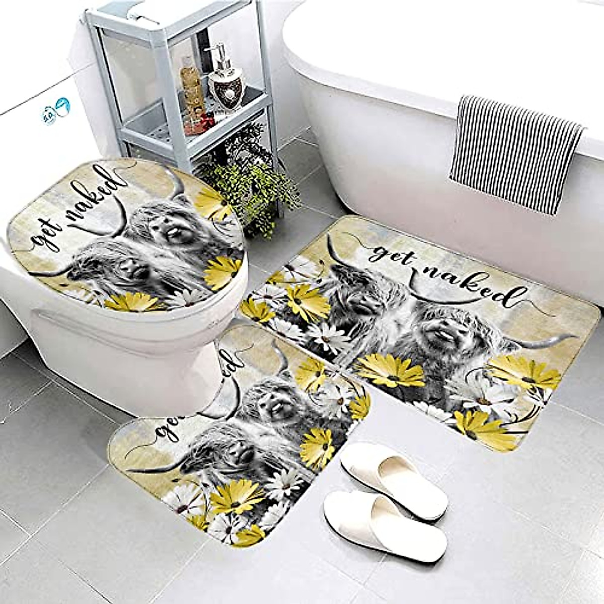 Bcsewcg Get Naked Floral Shower Curtain and Bath Mat Set, Farmhouse Highland Cow Funny Western Bull Bathroom Mat Set with Contour Toilet Mat, Mat and Toilet Lid Cover 69x70 Inch