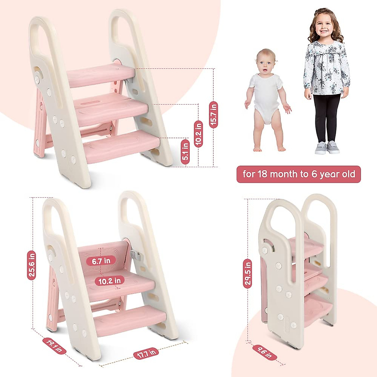 Onasti Foldable Toddler Step Stool for Bathroom Sink, Adjustable 3 Step Stool for Kids Toilet Potty Training Stool with Handles, Child Kitchen Counter Stool Helper, Plastic Ladder for Toddlers Pink