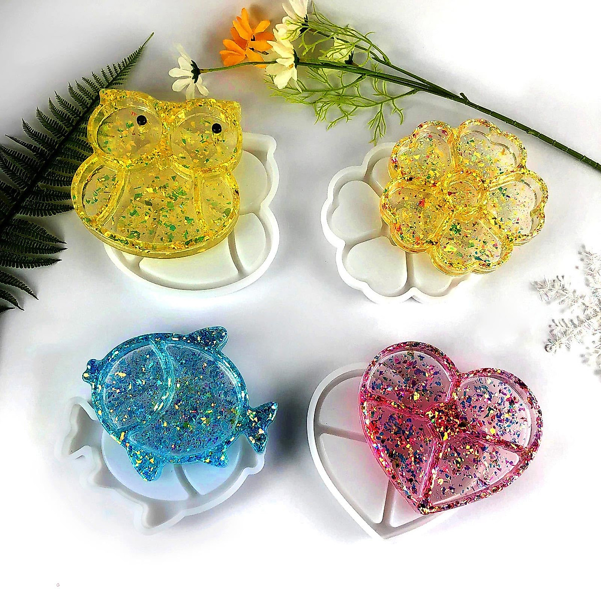 4 PCS Jewelry Tray Resin Mold,Flower Heart Fish Owl Tray Silicone Mold,Jewelry Storage Box Resin Casting Mold for DIY Epoxy Crafts