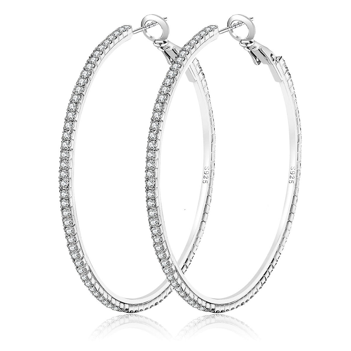 Large Rhinestone Hoop Earrings 925 Sterling Silver Post Cubic Zirconia Hoop Earrings Thin Rhinestones Round Hoop Earrings for Women Silver Hoop Earrings Sparkly Hoop Earrings with Crystals for Womens