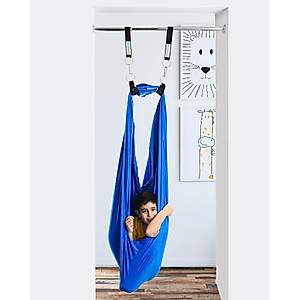 DreamGYM Doorway Sensory Swing Kit - Blue Compression Swing and Trapeze Bar with Red Gym Rings Combo