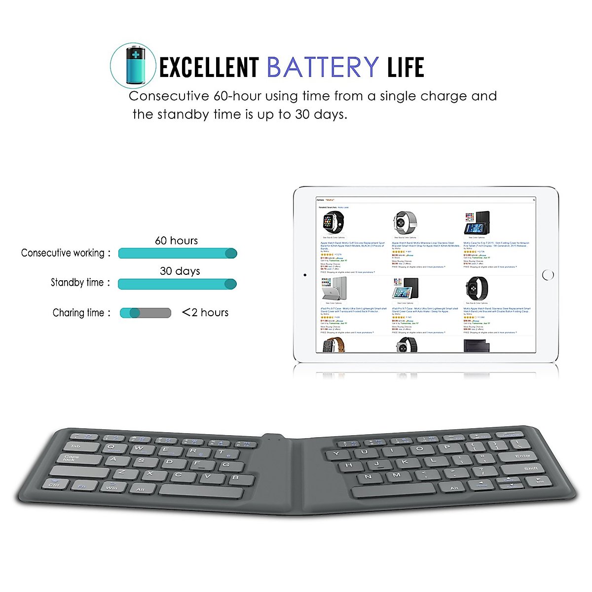 MoKo Foldable Bluetooth Keyboard, Ultra-Slim Portable Wireless Keyboard Rechargable Fit iPad iPhone, Folding Bluetooth Keyboard Compatible with iOS Android Windows Tablet Smartphone Laptop, Gray