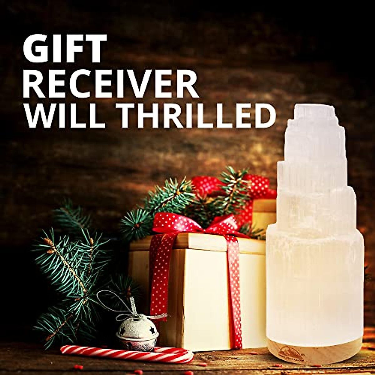 WBM Selenite Crystal Lamp 20cm, Hand Curved Morocco |Skyscraper| Crystals and Healing Stones,(ETL Certified) with Wooden Base & USB Charging Cable For Healing Cleansing & Meditation