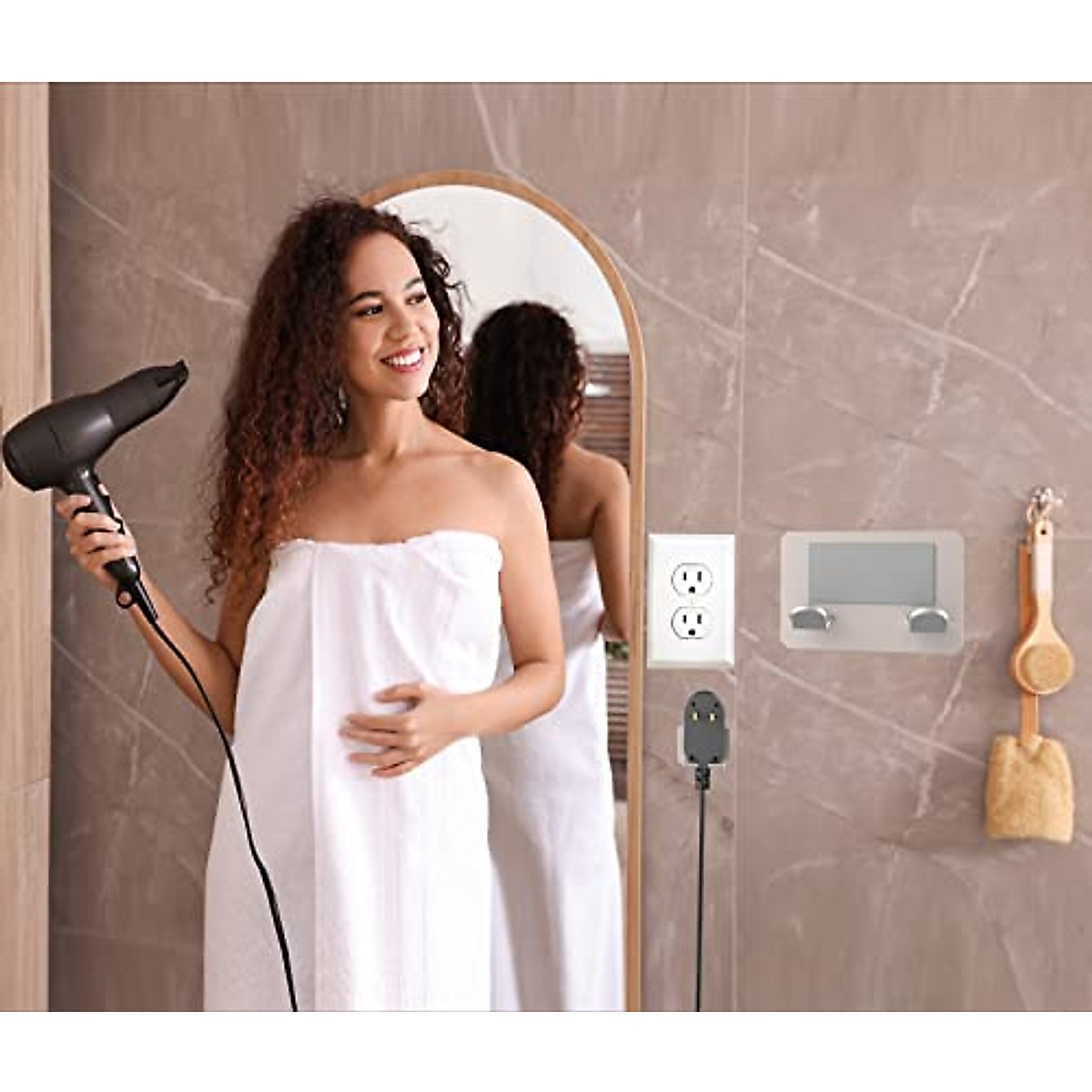Adhesive Hair Dryer Holder Wall Mount - Adhesive Bathroom Vanity Blow Dryer Holder Organizer Compatible with Dyson Hair Dryers (Milk Tea)