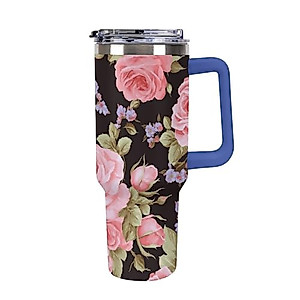 LLUTSNTH 40 Oz Vacuum Tumbler with Deep Blue Handle Leakproof Insulated Tumbler Pink Rose Stainless Steel Travel Mug with Lid And Straw Coffee Cup Cute Water Bottles Cup Holder Friendly