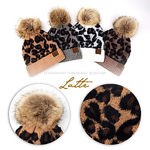 C.C Exclusives Soft Beanie hat with Leopard Pattern and Fur Pom, a Rubber Band Included (HAT-2061)(LATTE)