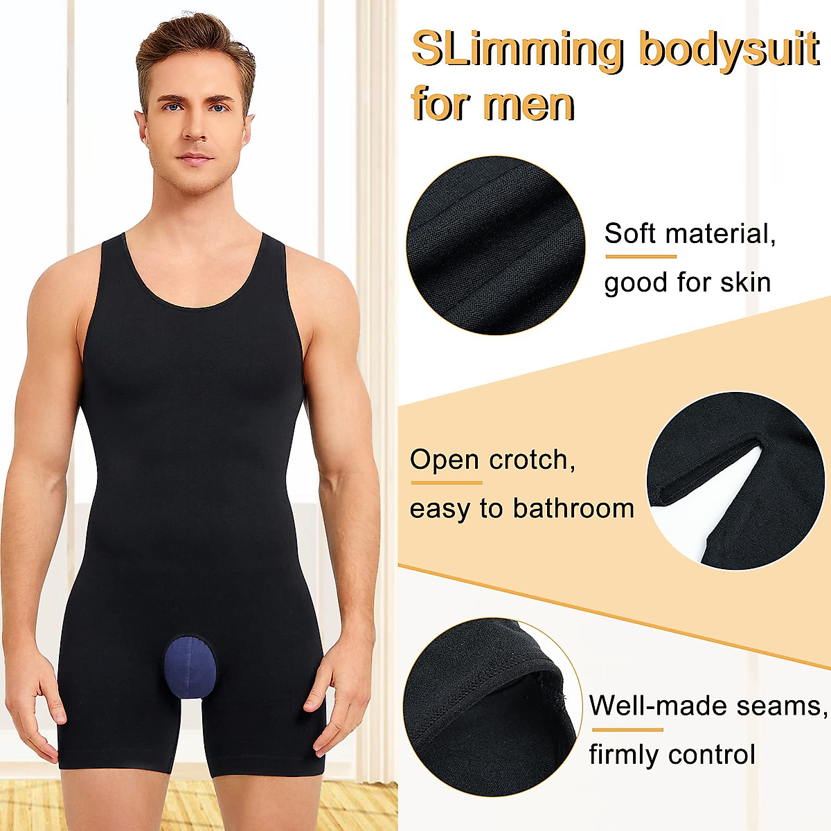 SOLCYSX Mens Sleeveless Full Body Shaper Underwear Slimming Compression Bodysuit Shapewear Tummy Control Fajas Para Hombres (Black, XL-2XL)