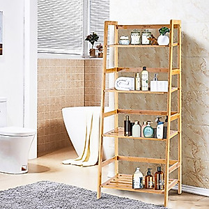 COSTWAY 47.5'' Bamboo Ladder Shelf, Multifunctional Plant Flower Display Stand, Storage Rack, Bookcase Bookshelf Natural (4 Tier)