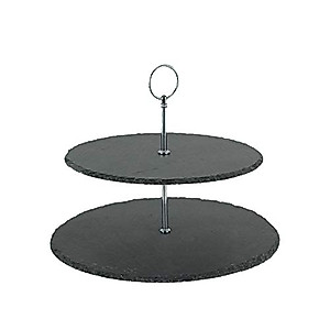 Two-Tier Round Slate Stone and Chromed Metal Country Farmhouse Serving Tray Kitchen Décor 11.75 Inch Diameter