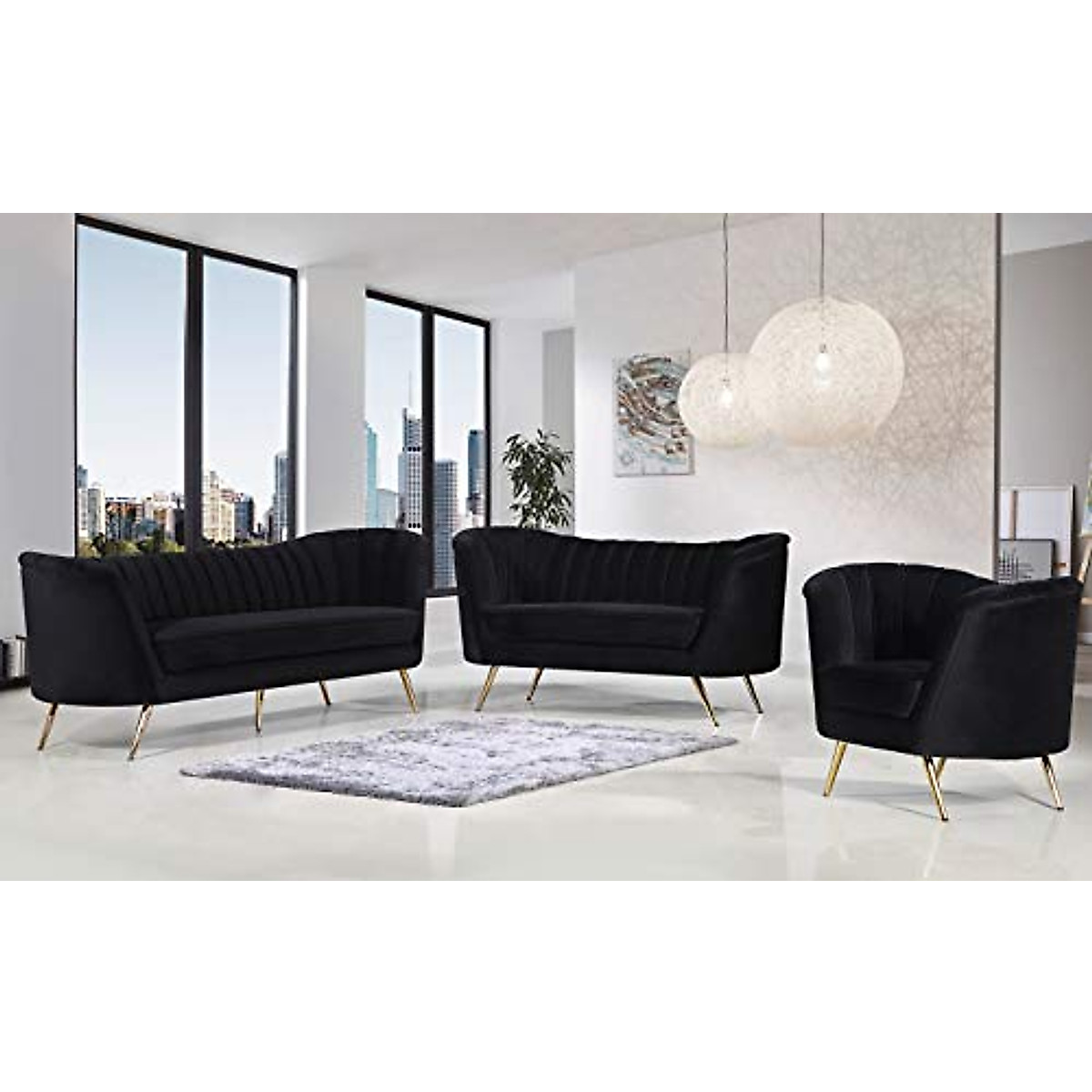 Meridian Furniture Margo Collection Modern | Contemporary Velvet Upholstered Loveseat with Deep Channel Tufting and Rich Gold Stainless Steel Legs, Black, 65" W x 30" D x 33" H