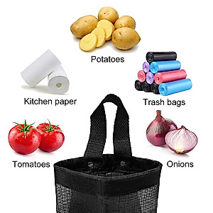 2 Pcs Plastic Bag Holder Trash Bags Storage Dispenser Organizer for Home Kitchen Mesh Hanging Storage Dispensers Recycling Garbage Folding Hanging Storage Bag Grocery Bags Holder with 4 Hooks (Black)