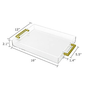 Clear Acrylic Serving Tray, 12x16 inches, Spill-Proof, Stackable Organizer, Food & Drinks Server, Indoors/Outdoors, Lucite Storage (Gold)