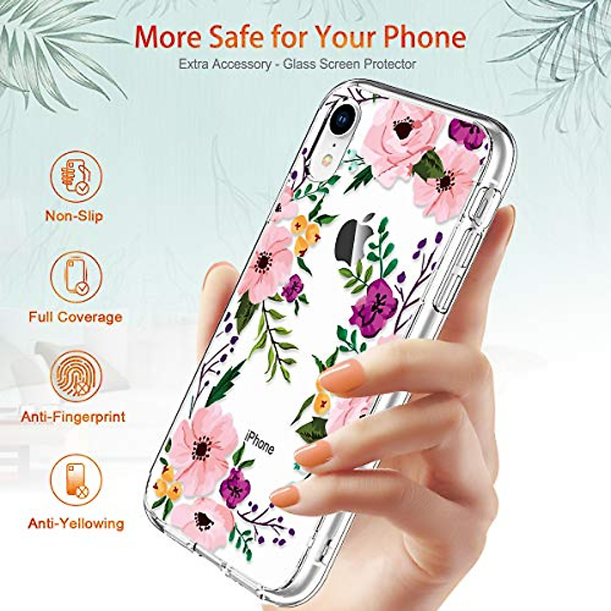 GiiKa iPhone XR Case with Screen Protector, Clear Heavy Duty Protective Case Floral Girls Women Shockproof Hard PC Back Case with Slim TPU Bumper Cover Phone Case for iPhone XR, Small Flowers