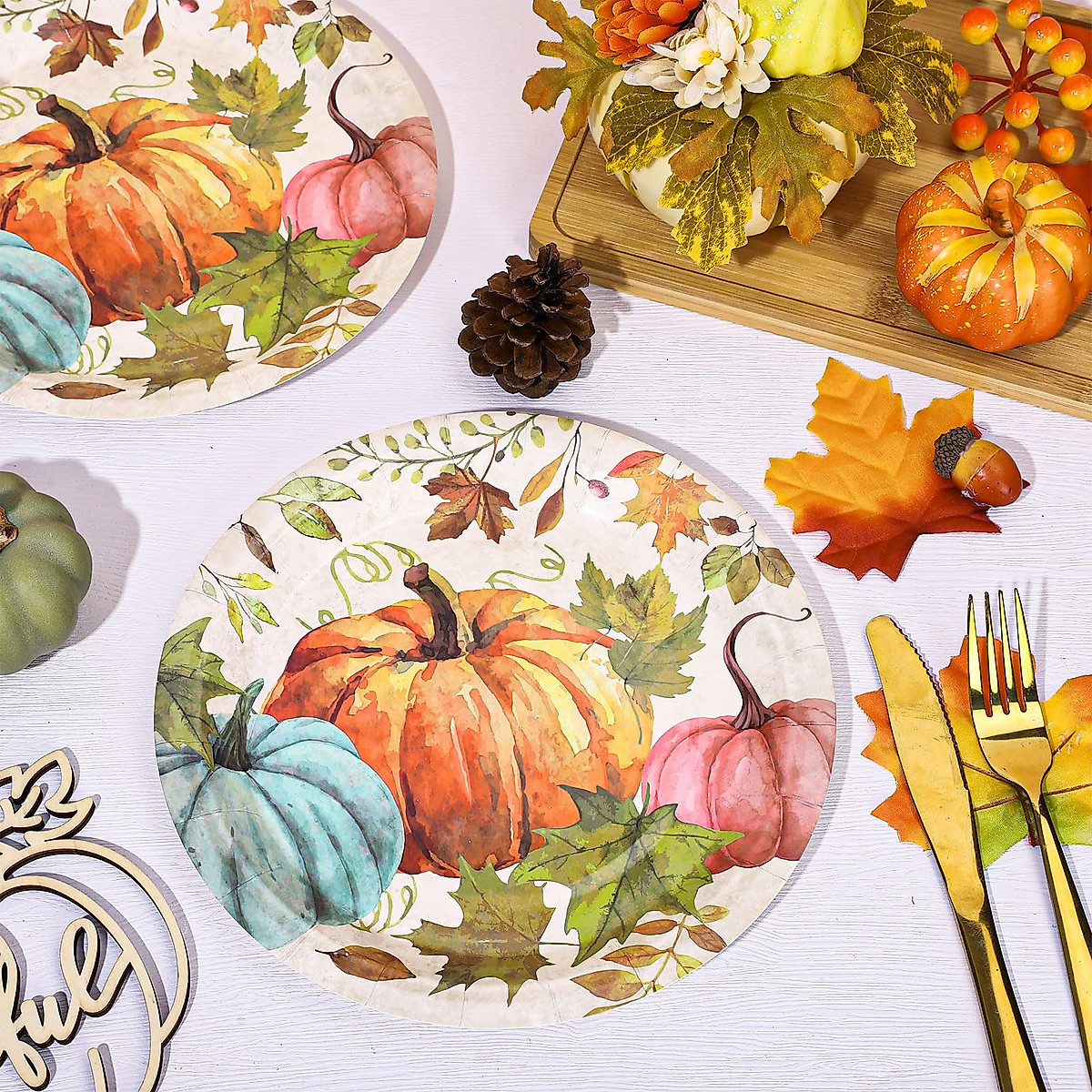AnyDesign 40Pcs Thanksgiving Fall Paper Plates Watercolor Pumpkins Round Disposable Plates Retro Pumpkin Harvest Design Plates for Fall Theme Party Holiday Banquet Dinnerware Supplies