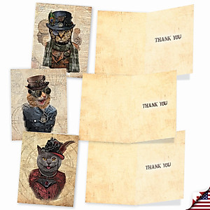 The Best Card Company 10 Assorted Thank You Notecards Bulk Box Set 4 x 5.12 Inch with Envelopes (10 Designs, 1 Each) Steampunk Cats M6554TYG