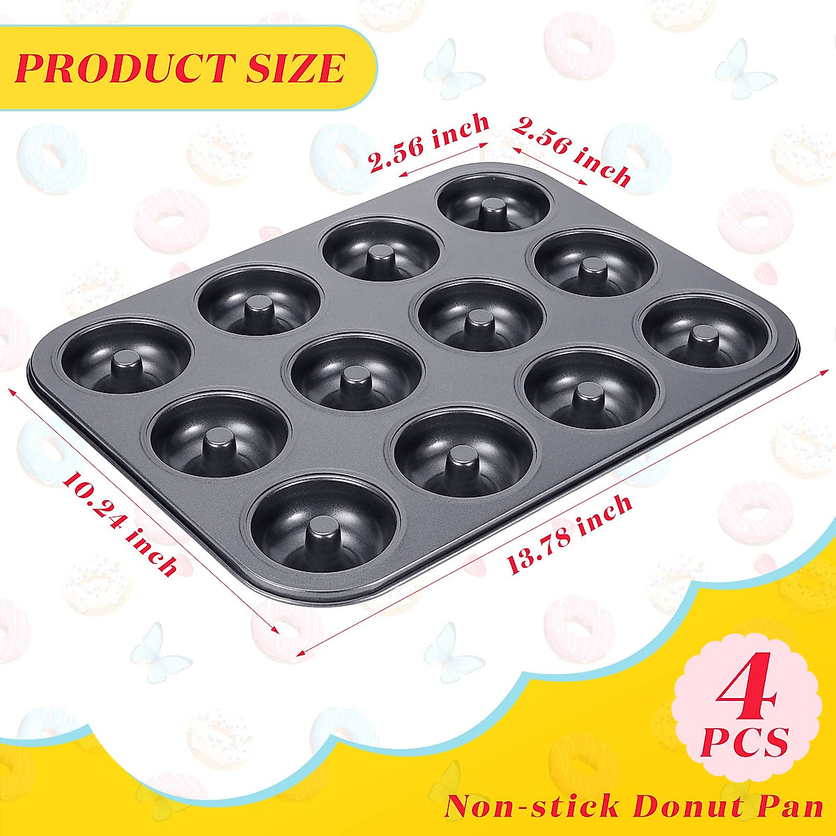 4 Pieces 12 Cavity Mini Donut Pan Nonstick Donut Pan Donut Baking Pan Doughnut Bakeware for Oven Baking Muffin Cake Dessert, Black, 13.78 x 10.24 Inches