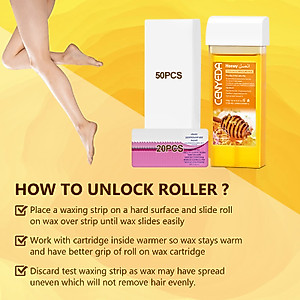 CENYEDA Roll On Wax Kit - Hair Removal Cartridges, 4 Pack Honey Wax Rollers with 50 Strips and 20 After-Wax Treatment Wipes