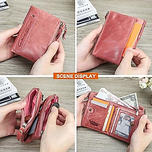 Contacts Soft Leather Wallet for Women Small Bifold Coin Purse Double Zipper Card Holder with RFID Blocking (Rose Tan)