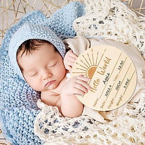 R HORSE Baby Birth Announcement Sign with Marker Pen, Wooden Baby Birth Sign with Ink Pad for Baby Hand and Footprints, Double-sided Boho Sun Newborn Announcement Sign for Baby Shower Keepsakes